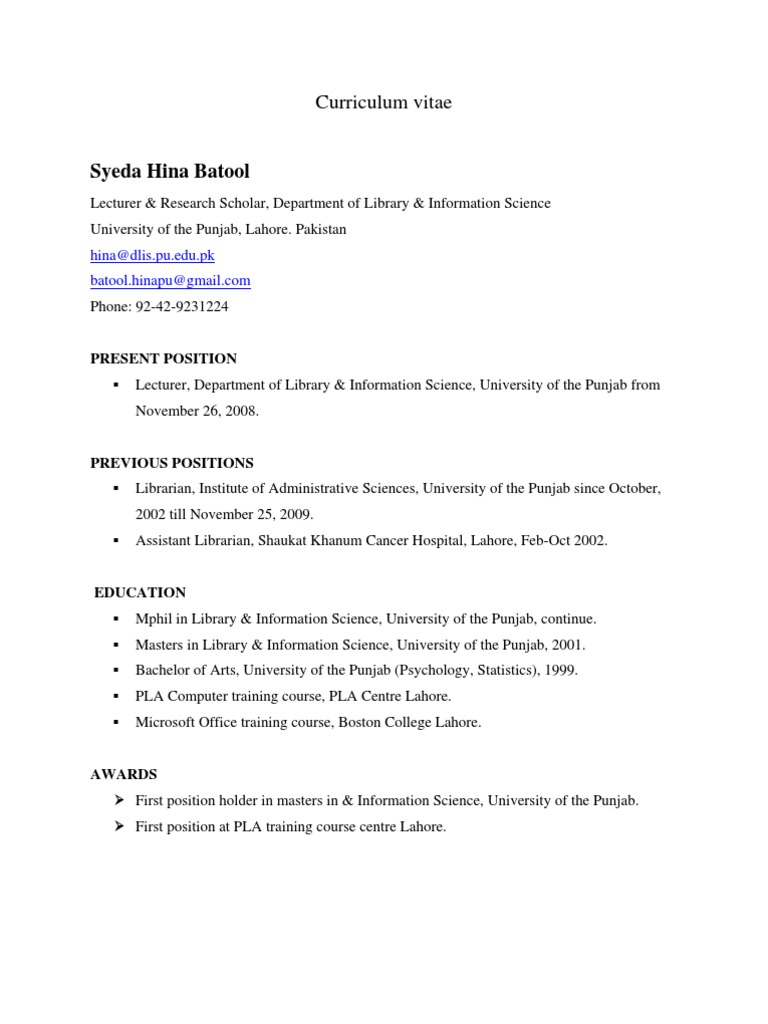 Hina Batool Curriculum Vitae | PDF | Libraries | Librarian