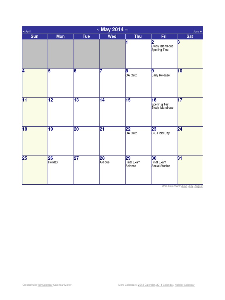 May 2014 Calendar with Events | PDF | Science & Mathematics