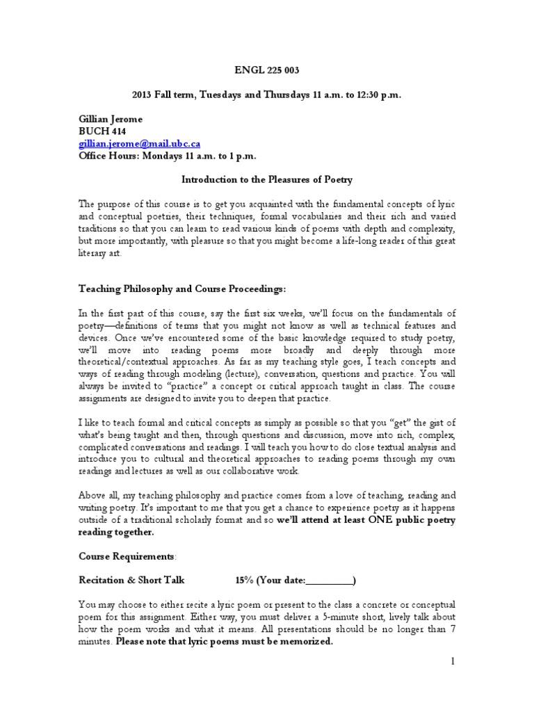 2014 ENGL 225 Introduction To Poetry PDF Poetry Plagiarism