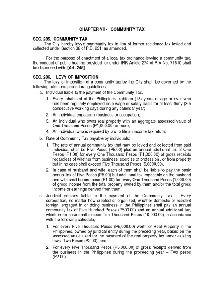 Chapter Vii - Community Tax Sec. 285. Community Tax The City Hereby ...