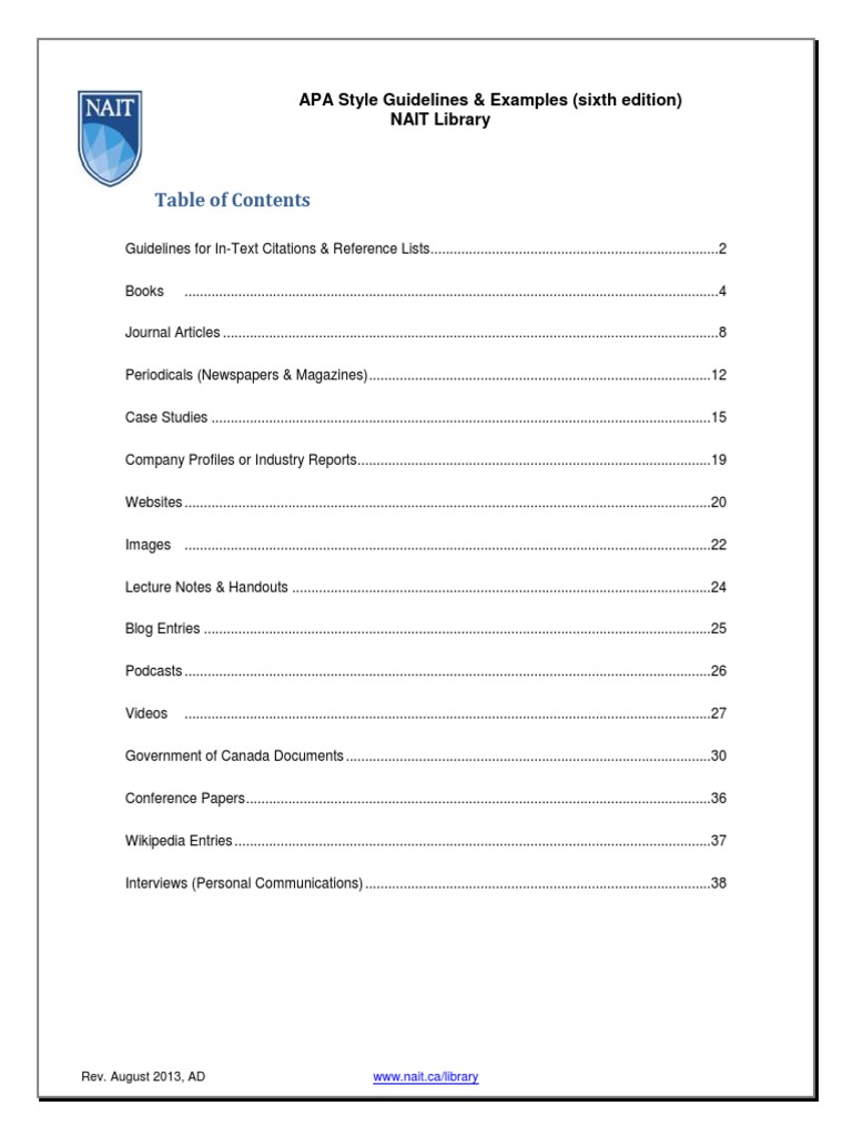 APA Style Guidelines & Examples (Sixth Edition) NAIT Library | PDF ...