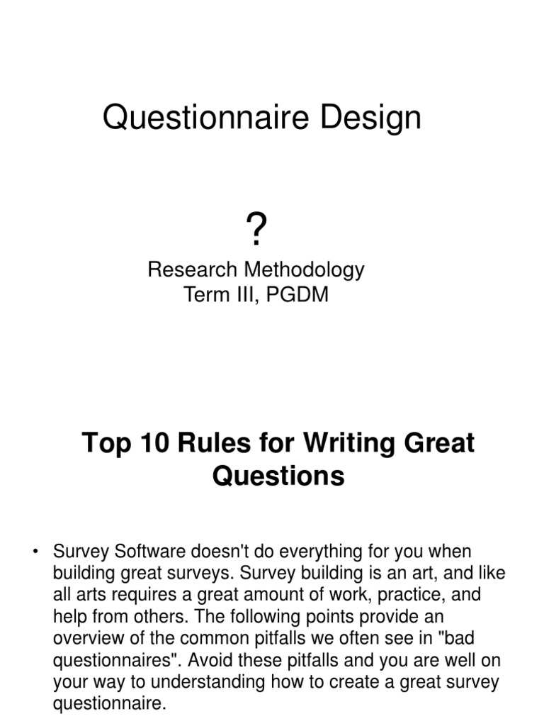 Questionnaire Design: Research Methodology Term Iii, PGDM | PDF ...