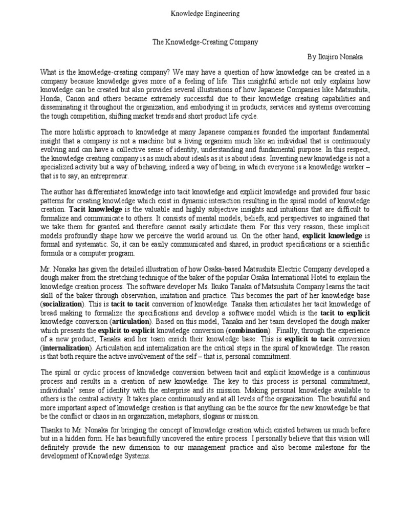 The Knowledge Creating Company (Summary) | PDF | Tacit Knowledge ...