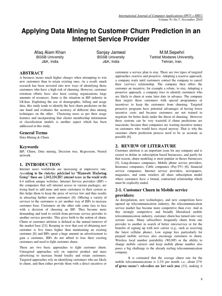 Applying Data Mining To Customer Churn Prediction in An Internet Service Provider | PDF | Data ...