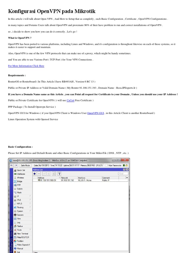 Konfigurasi OpenVPN Pada Mikrotik | PDF | Public Key Certificate | Computer Networking