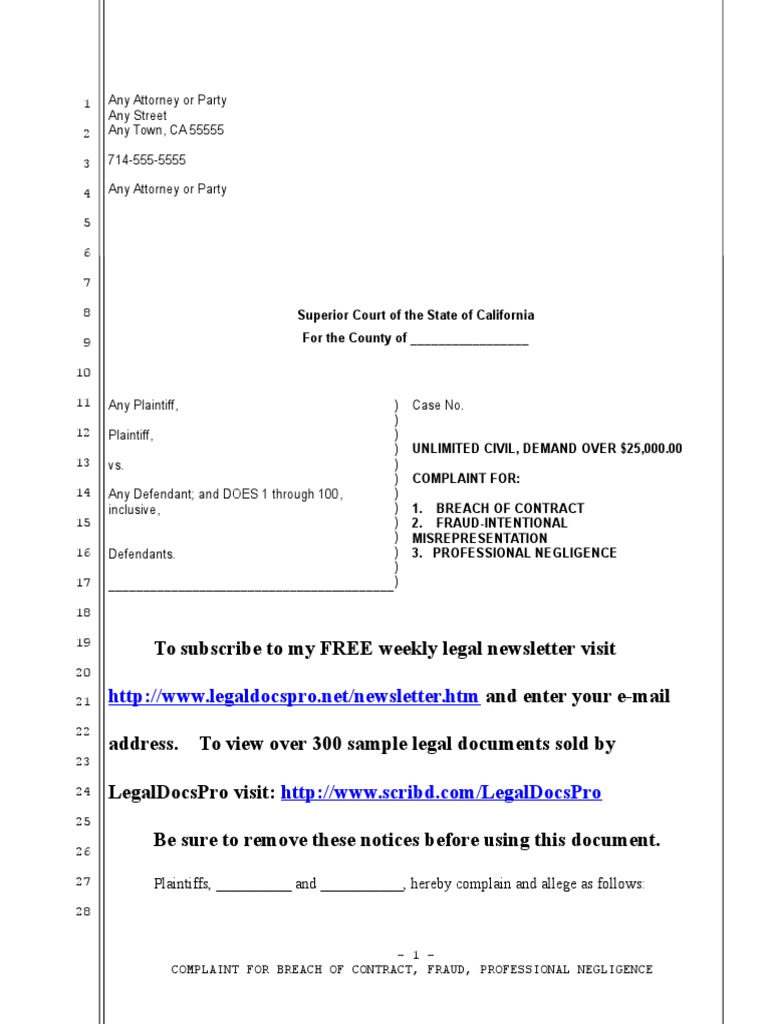 Sample Complaint For Professional Negligence in California | PDF ...