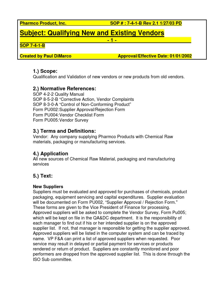 Sop 7 4 1 B Qualifying New and Existing Vendors | PDF | Quality ...