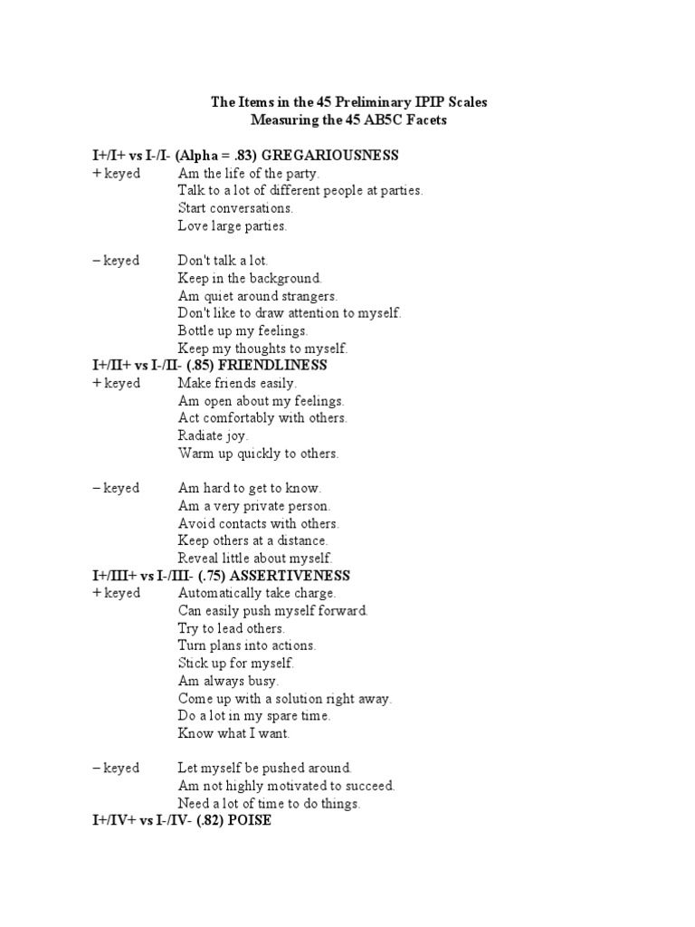 The Items in The 45 Preliminary IPIP Scales | PDF | Subjective ...