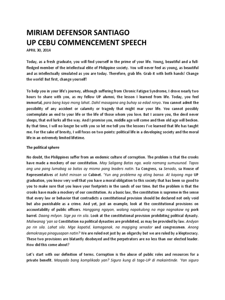 Miriam Defensor Santiago's Commencement Speech UP Cebu | Meaning Of ...