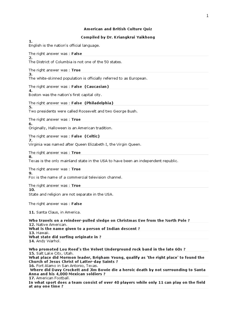 American and British Culture Quiz Part II | PDF | Chocolate | Foods