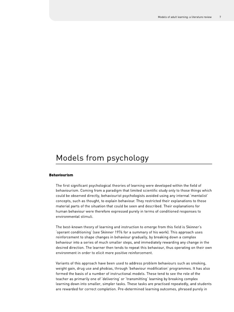 Models From Psychology: Models of Adult Learning: A Literature Review 7 ...