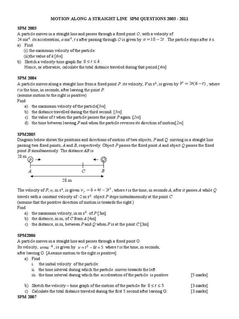 Motion Along A Straight Line SPM 2003 - 2011 | PDF | Velocity ...