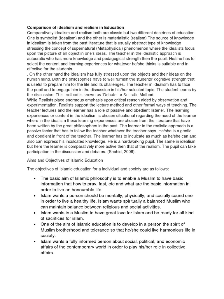 Comparison of Idealism and Realism in Education | PDF | Idealism ...