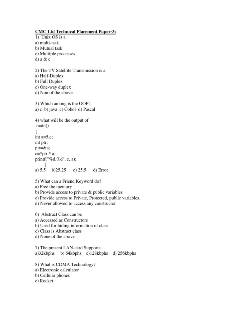CMC LTD Technical Placement Pape1 | PDF | Duplex (Telecommunications ...