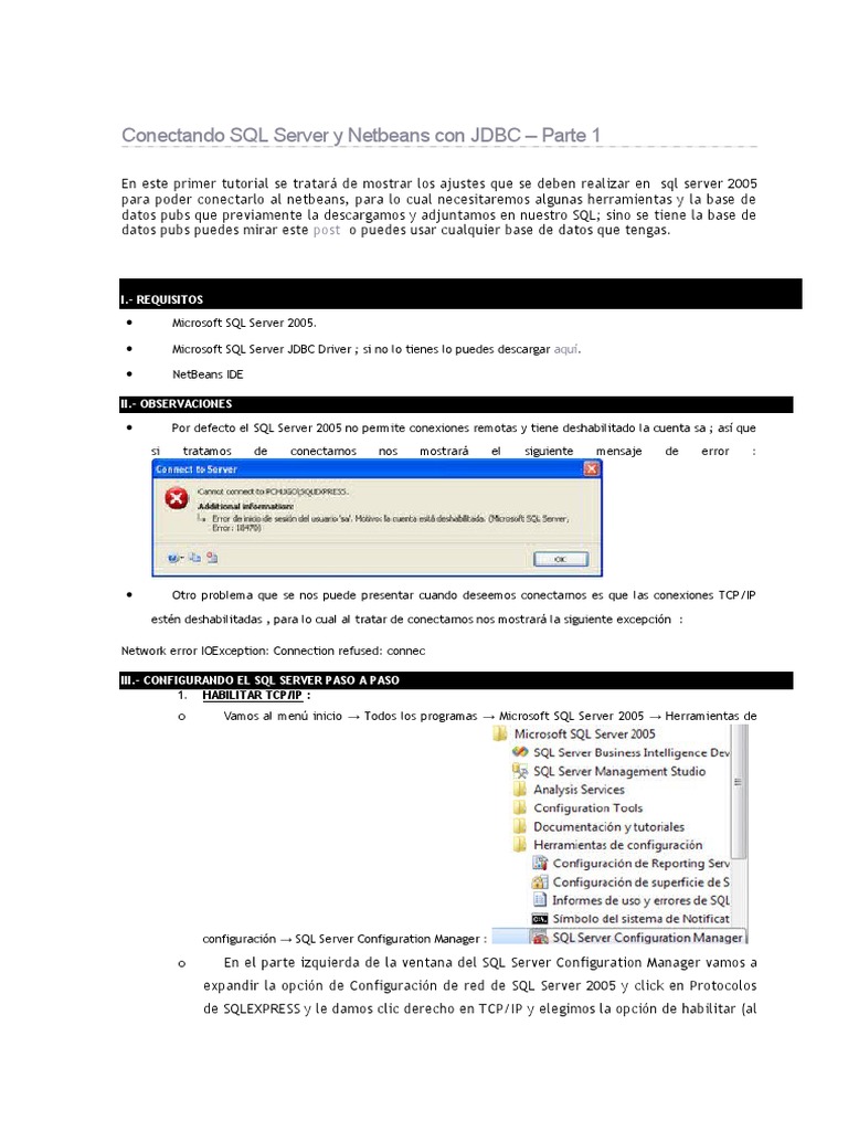 Conectando SQL Server y Netbeans Con JDBC - Parte 1 | PDF | Servidor SQL de Microsoft | Redes de ...