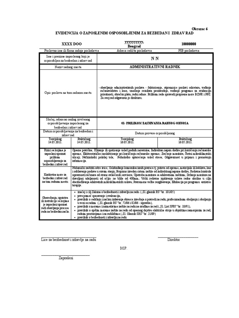 Obrazac 6 Administrativni Radnik
