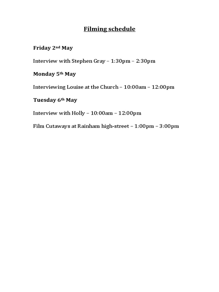 Filming Schedule for May Interviews | PDF