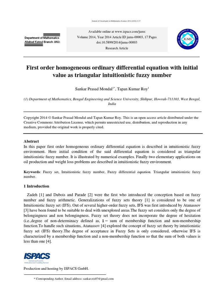 First Order Homogeneous Ordinary Differential Equation With Initial Value As Triangular ...