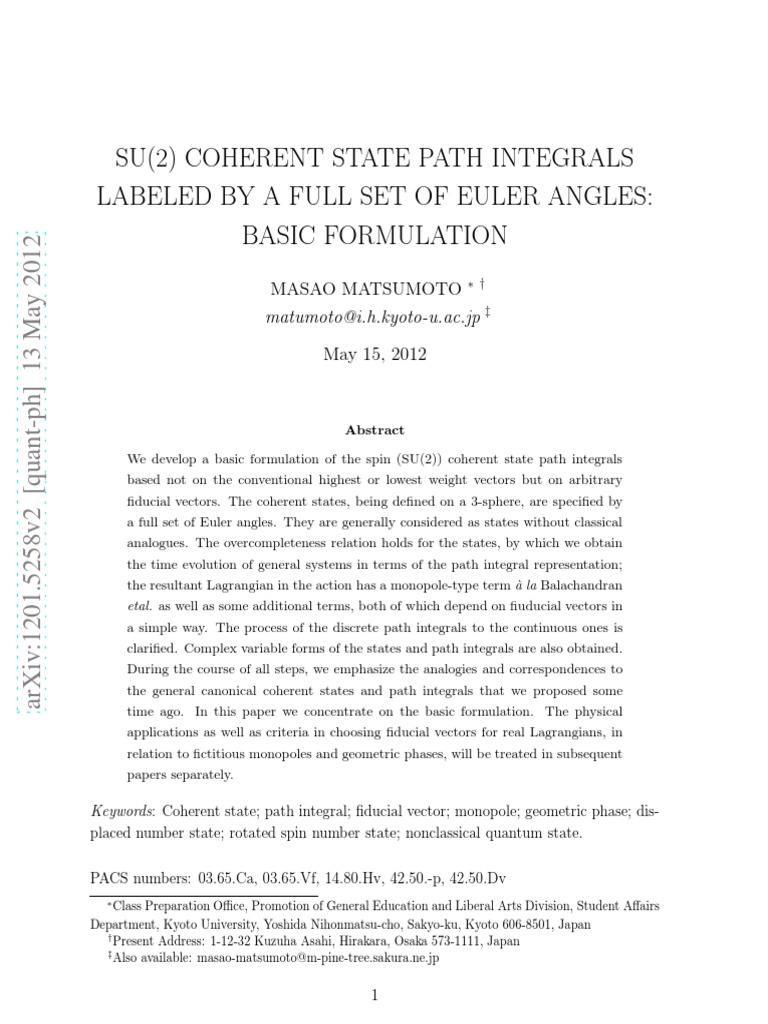 Su (2) Coherent State Path Integrals Labeled by A Full Set of Euler ...