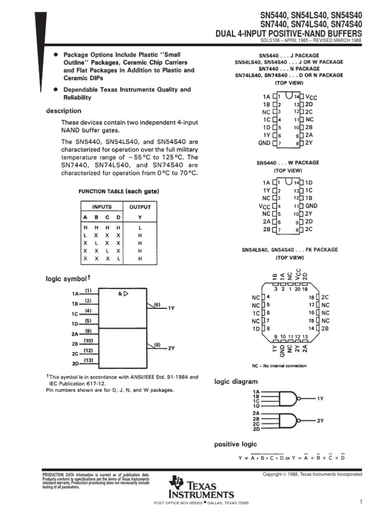SN5440, SN54LS40, SN54S40 SN7440, SN74LS40, SN74S40 Dual 4-Input ...