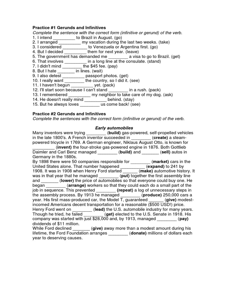 Gerunds and Infinitives Practice Exercises | PDF | Car | Ford Motor Company