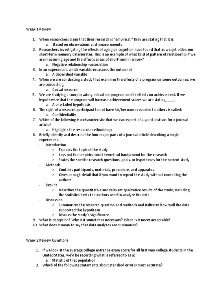 Week 1 Review | PDF | Sampling (Statistics) | Experiment
