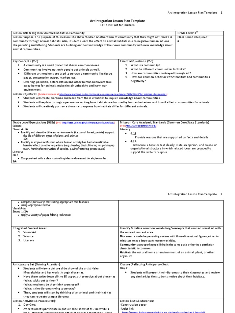Art Integration Lesson Plan: Animal Habitats | PDF | Lesson Plan ...