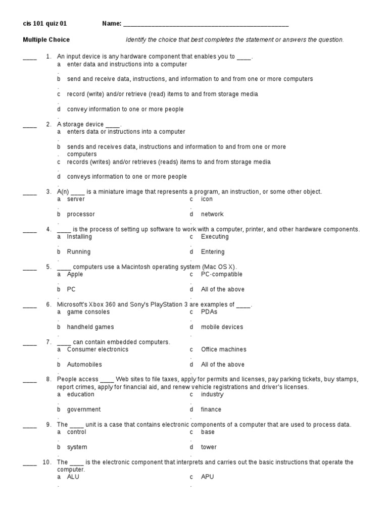 Cis 101 Quiz 01 | PDF | Computer Hardware | Computer Data Storage