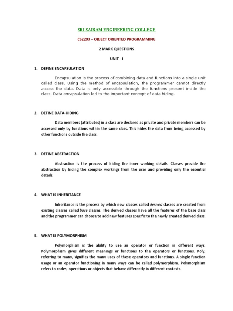 Cs2203 Object Oriented Programming 2 Marks Pdf Class Computer 6141