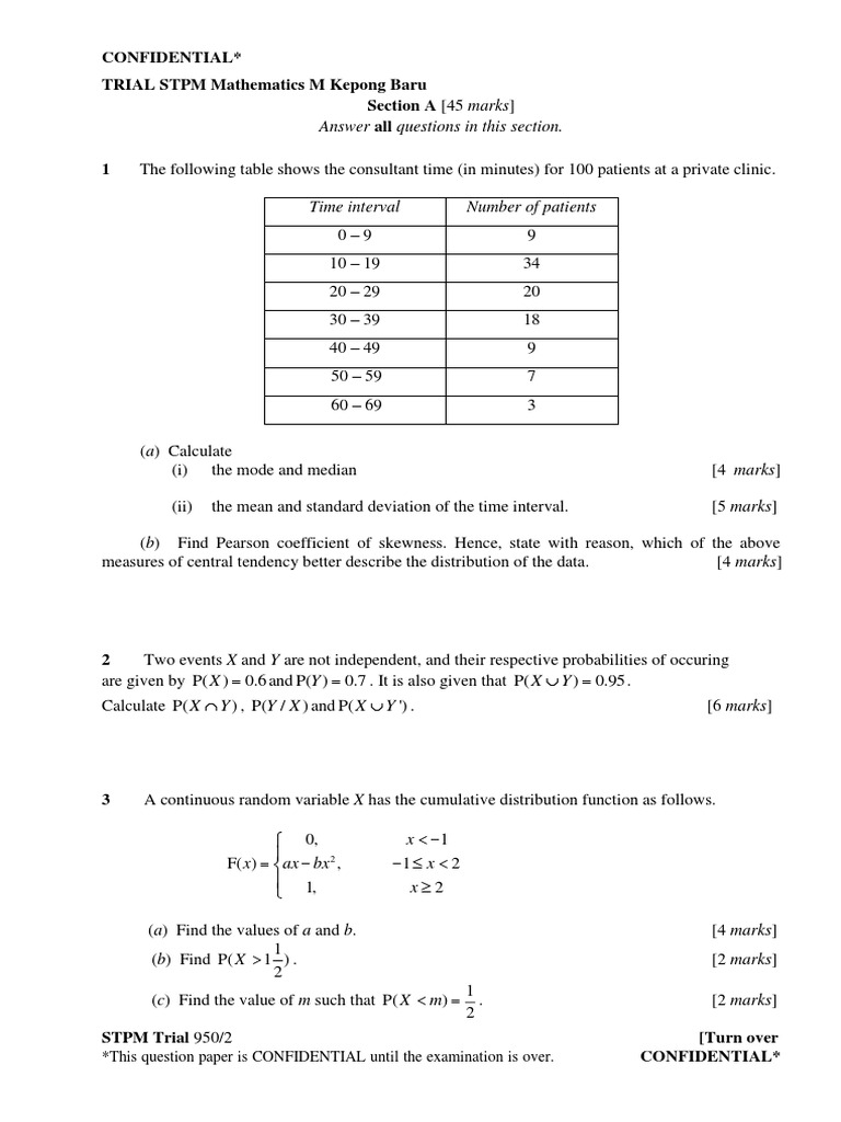 STPM Mathematics M Trial Exam 950/2 | PDF | Median | Mode (Statistics)