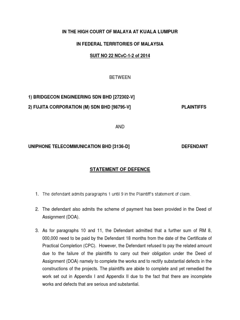 Statement of Defence | PDF | Defendant | Cause Of Action