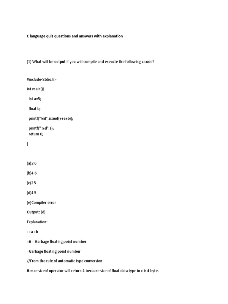 C Language Quiz Questions and Answers With Explanation | Download Free PDF | C (Programming ...