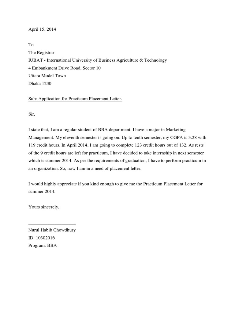 Application For Practicum Placement Letter | PDF