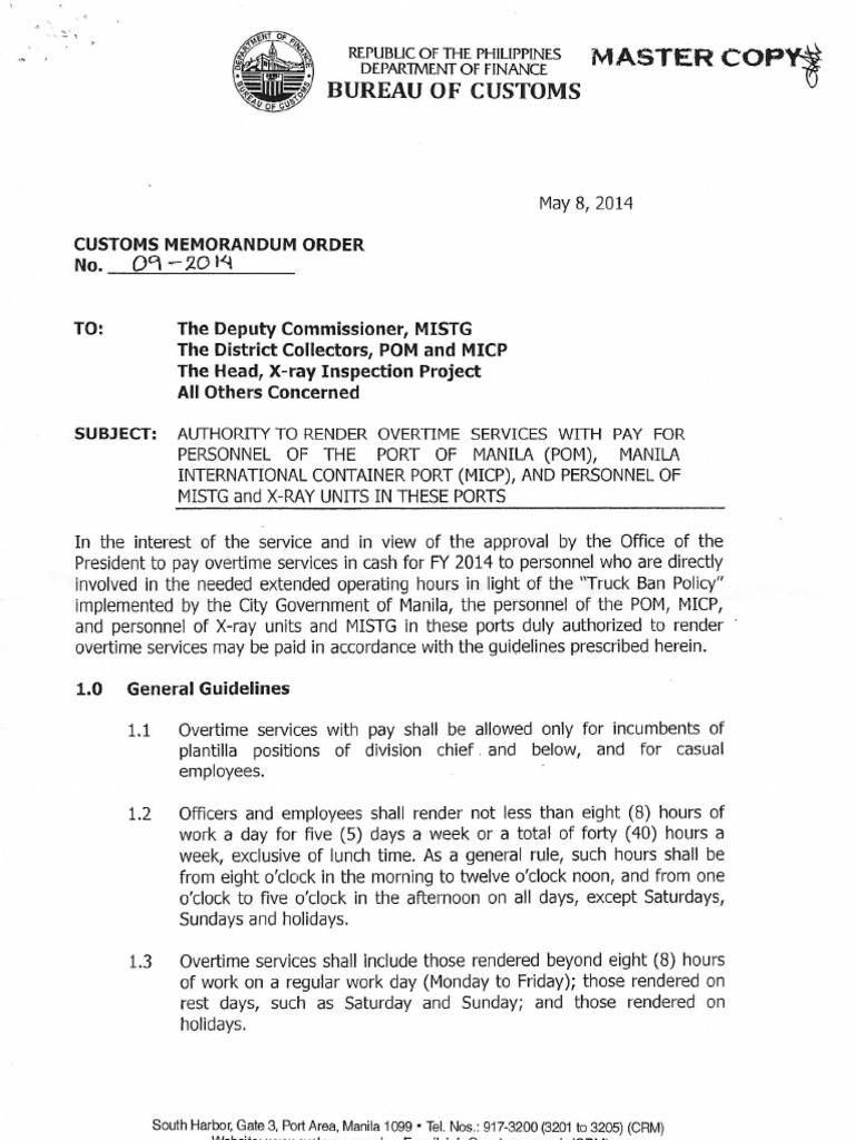 Customs Memorandum Order 09-2014 On Overtime Pay | PDF