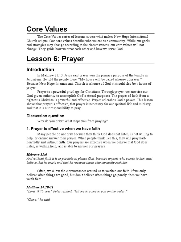 Prayer (Core Values Lesson 6) | Download Free PDF | Prayer | Christian ...