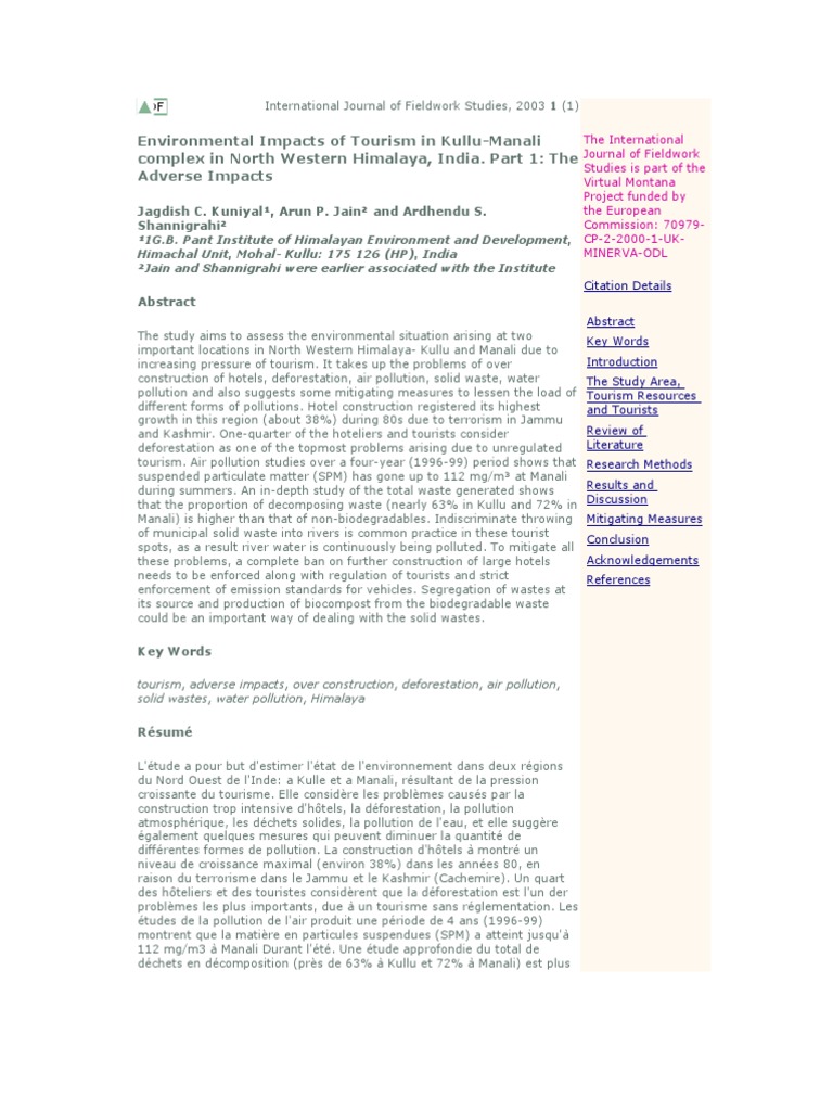 Environmental Impacts of Tourism in Kullu-Manali Complex in North ...
