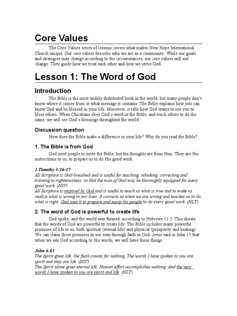 The Word of God (Core Values Lesson 1) | PDF | Eternal Life ...