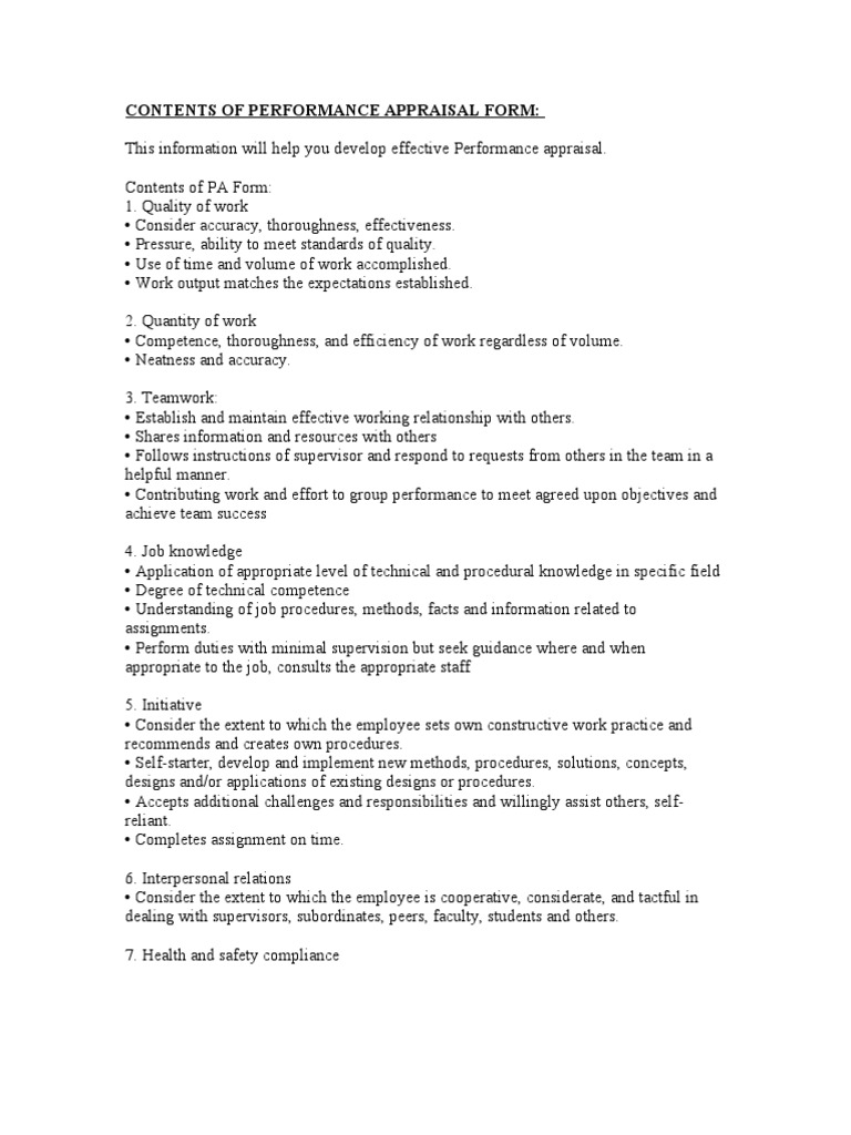 Contents of Performance Appraisal Form | PDF | Performance Appraisal ...