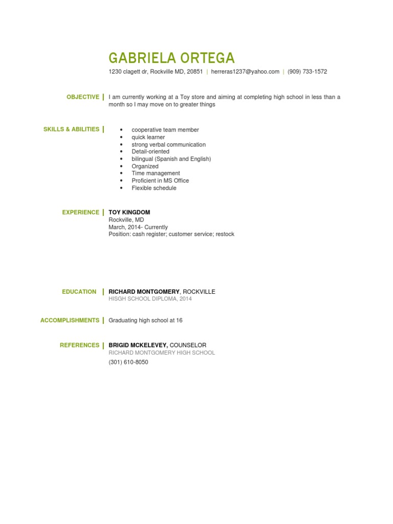 High School Graduate Resume - Gabriela Ortega | PDF | Career & Growth ...