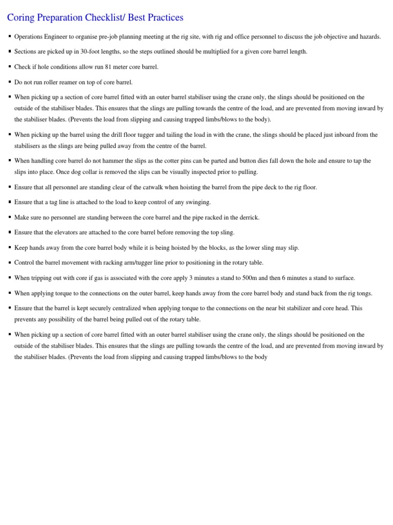 Coring Preparation Checklist - Best Practices | PDF | Drilling Rig ...