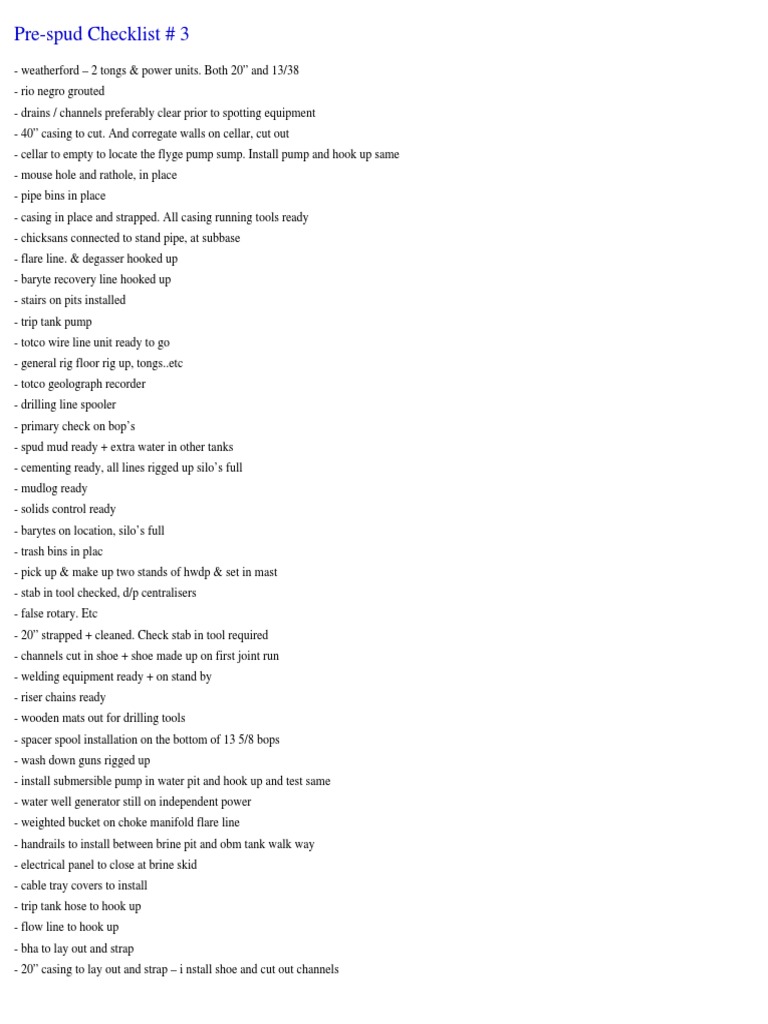 Pre-Spud Checklist # 3 | PDF | Drilling Rig | Civil Engineering
