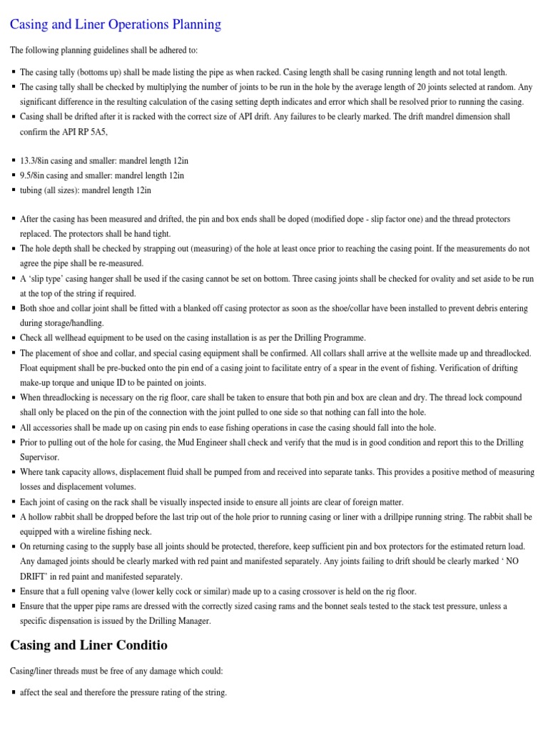 Casing and Liner Operations Planning | PDF | Casing (Borehole ...