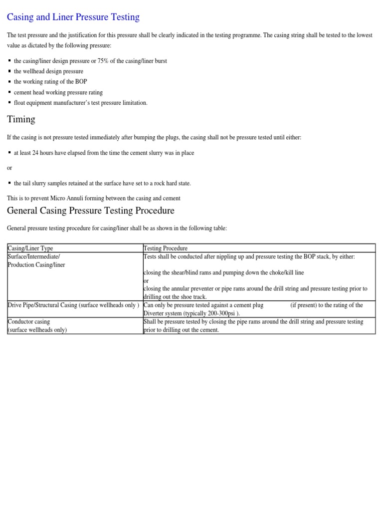 Casing and Liner Pressure Testing Guide | PDF