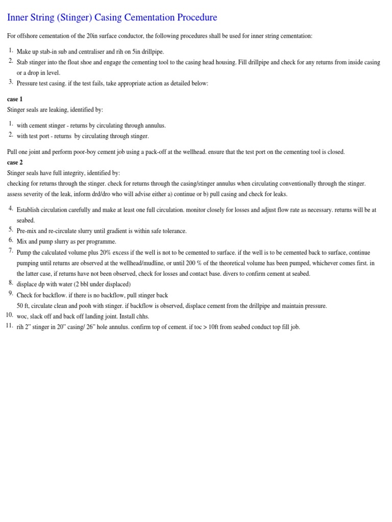 Inner String (Stinger) Casing Cementation Procedure | PDF