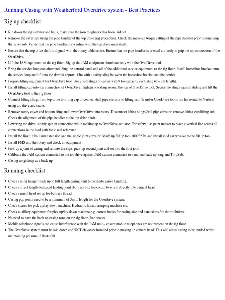 Running Casing With Weatherford Overdrive System - Best Practices ...