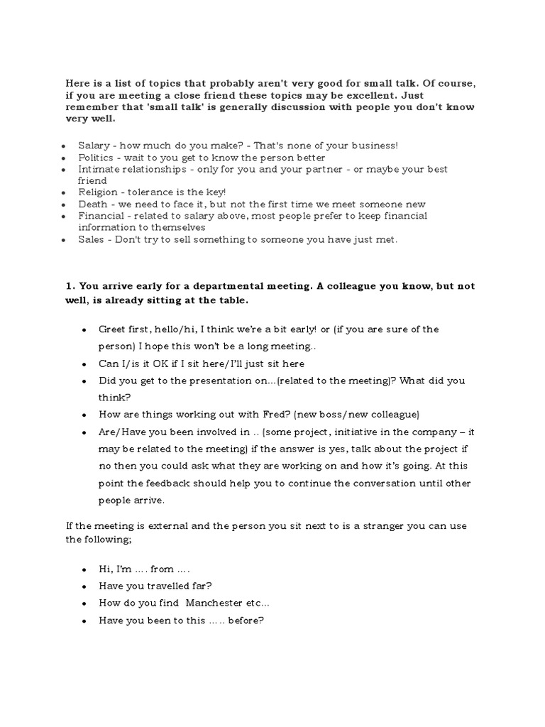 Small Talk Topics for Business Settings | PDF