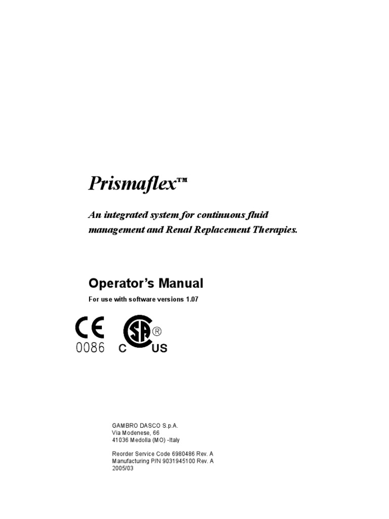 Prismaflex: Operator's Manual | PDF | Bleach | Clinical Medicine