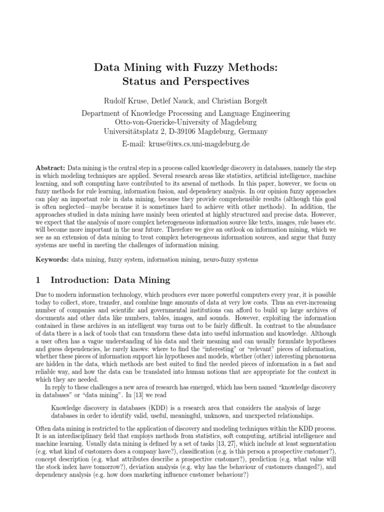 Data Mining With Fuzzy Methods: Status and Perspectives | PDF | Data Mining | Fuzzy Logic