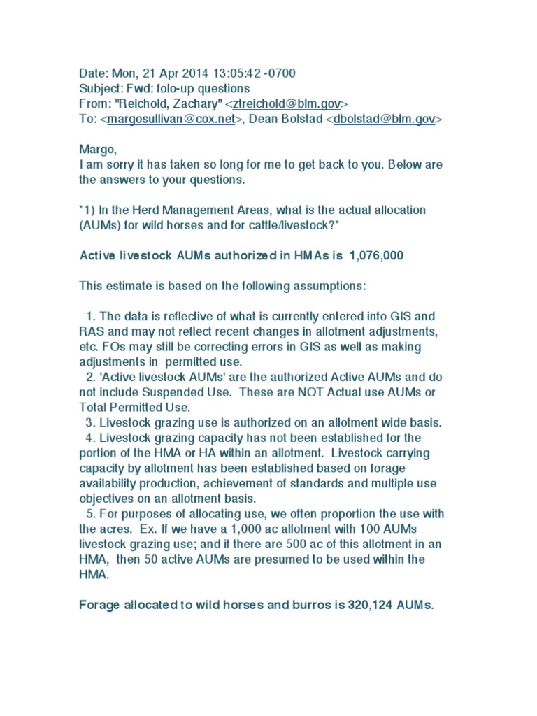 Zach Reichold Email Re Aums | PDF | Bureau Of Land Management | Mustang