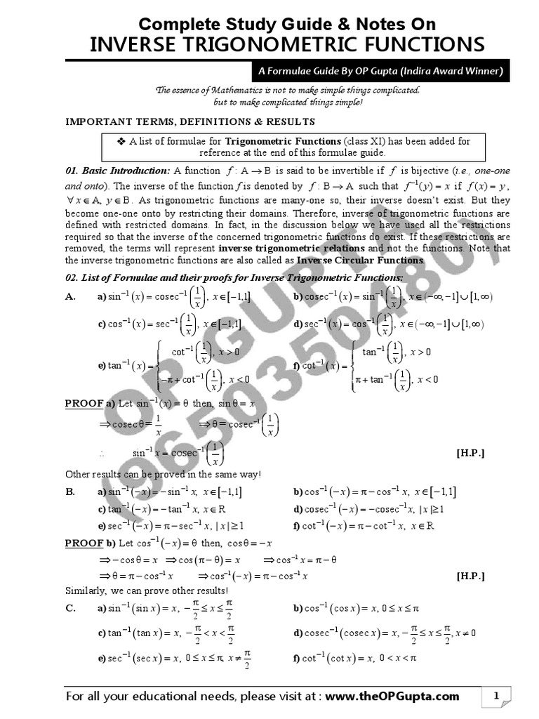 Inverse Trigonometric Functions: Complete Study Guide & Notes On | PDF ...